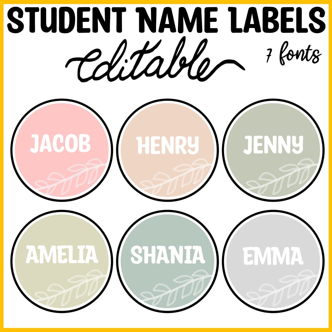 Printable Botanical Student Name Labels, Round Boho Neutral Name Cards ...