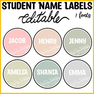 Printable Botanical Student Name Labels, Round Boho Neutral Name Cards ...
