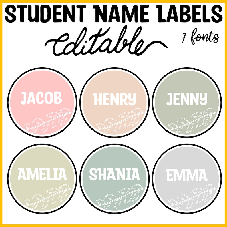 Printable Botanical Student Name Labels, Round Boho Neutral Name Cards ...