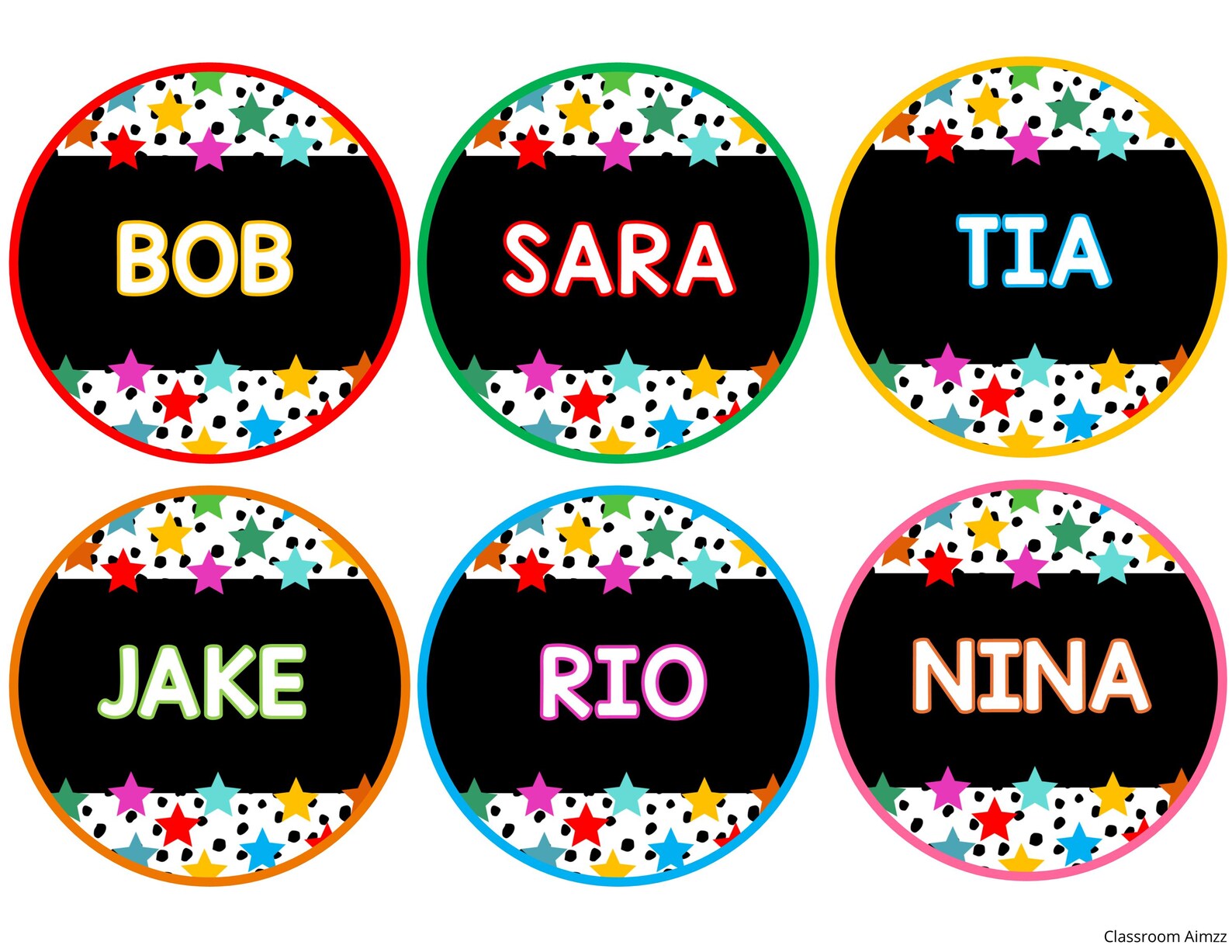 Printable Black and Bright Spotty Stars Student Name Labels, Circle ...