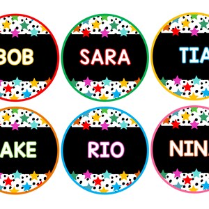 Printable Black and Bright Spotty Stars Student Name Labels, Circle ...