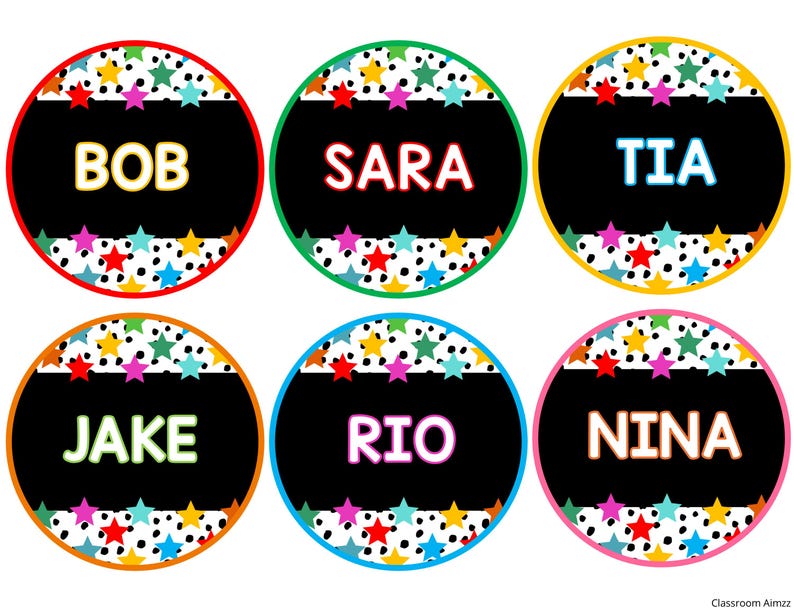 Printable Black and Bright Spotty Stars Student Name Labels, Circle ...