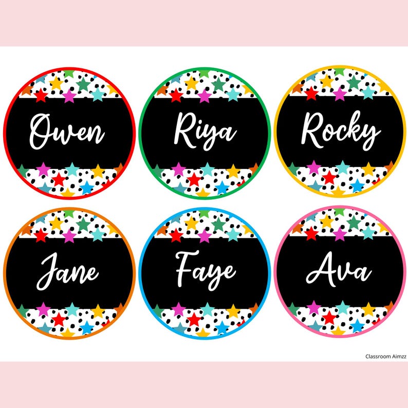 Printable Black and Bright Spotty Stars Student Name Labels, Circle ...