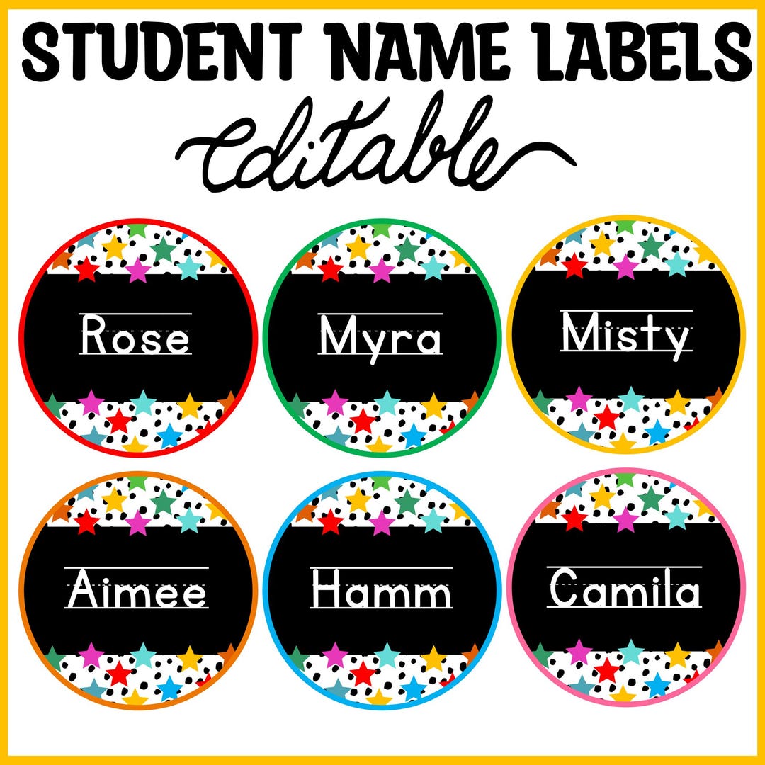 Printable Black and Bright Spotty Stars Student Name Labels, Circle ...