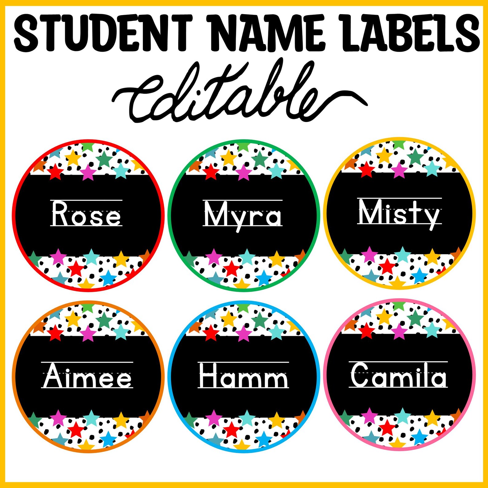 Printable Black and Bright Spotty Stars Student Name Labels, Circle ...