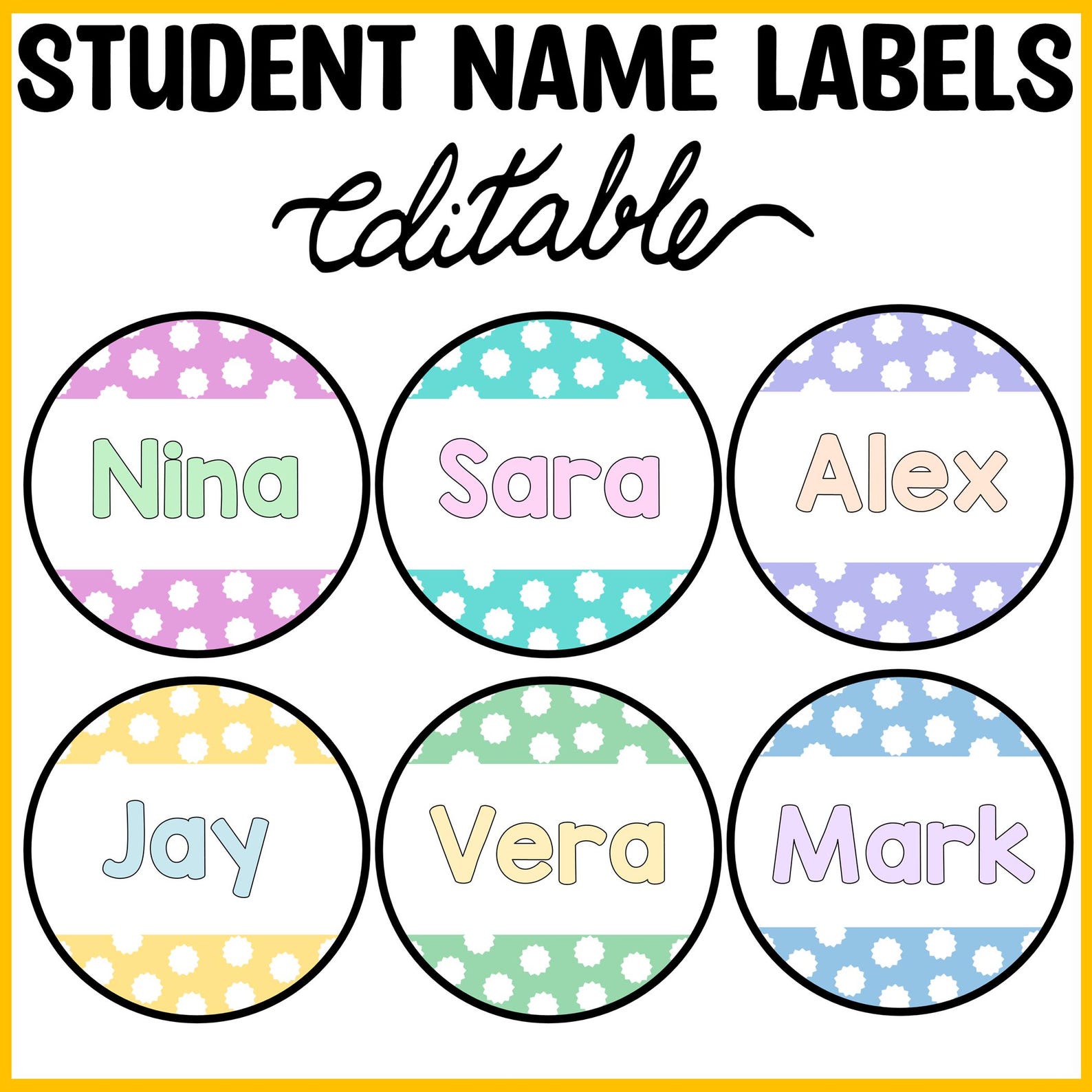 Back to School Round Name Tags, Printable Bright Student Name Tags ...