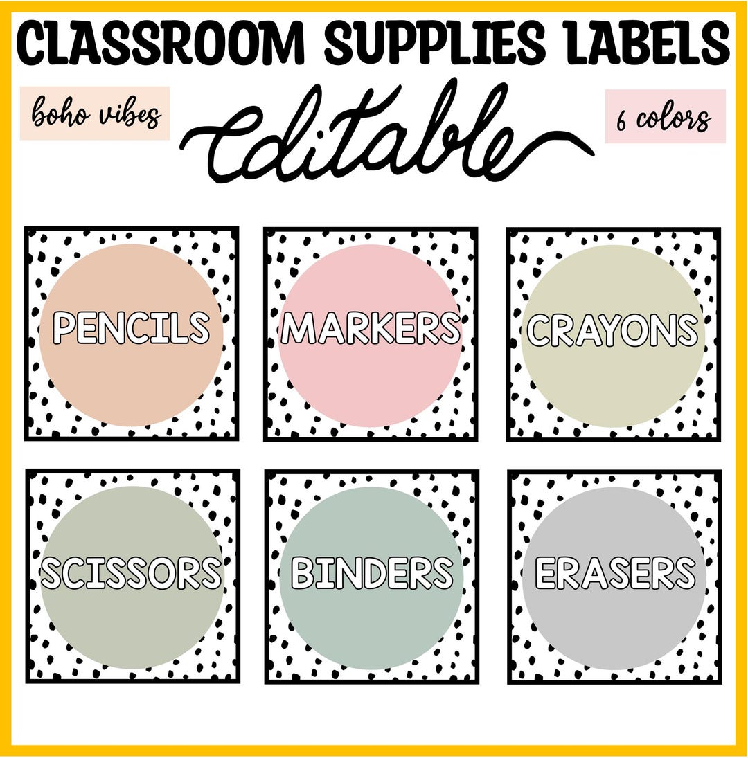 Spotty Boho Neutral Classroom Supplies Labels, Back to School Editable ...