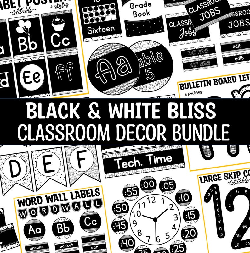Black and White Abstract Classroom Decor Bundle Pack, Back to School ...