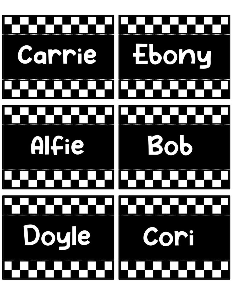 Back to School Printable Black and White Checkered Student Name Labels ...