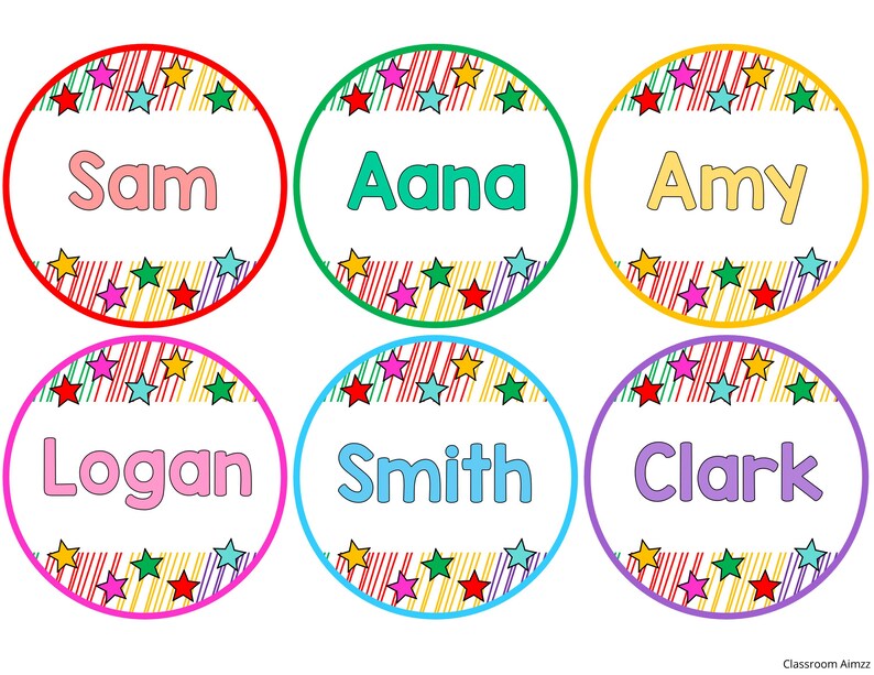 Printable Bright Stars Round Student Name Labels, Colorful Classroom ...