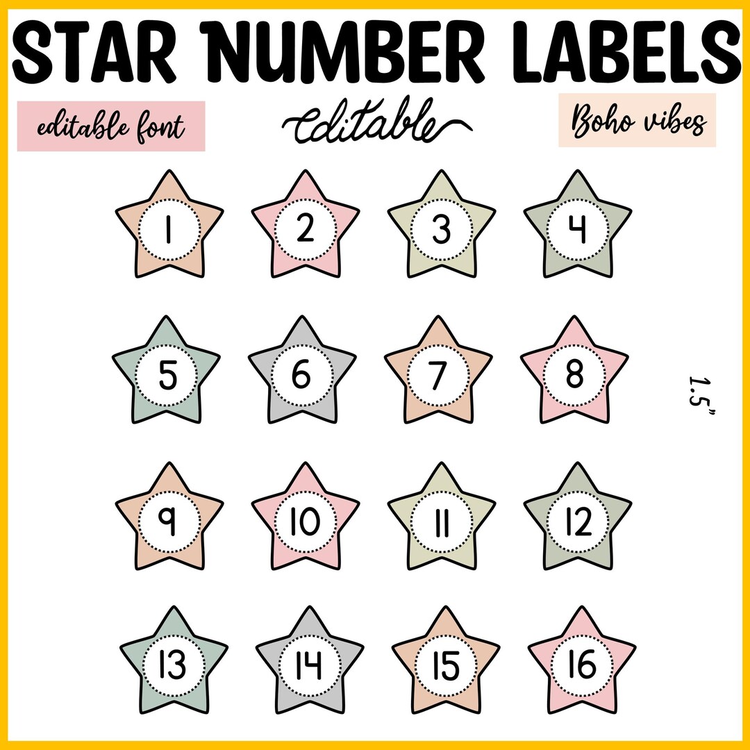 Printable Boho Neutral Small Stars Number Labels, Colorful Small Number ...