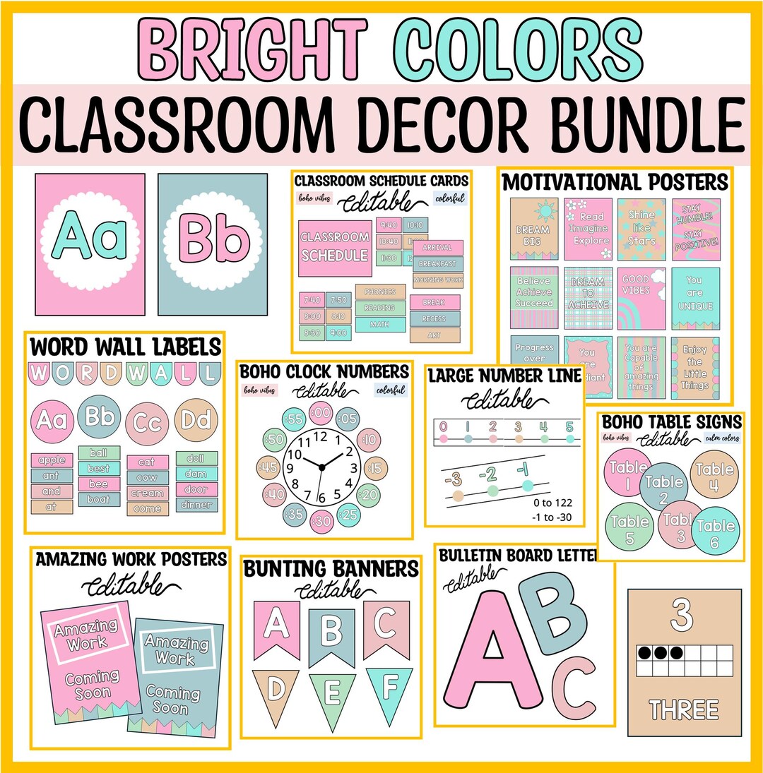 Printable Minimalist Colorful Classroom Decor Bundle Pack, Editable ...