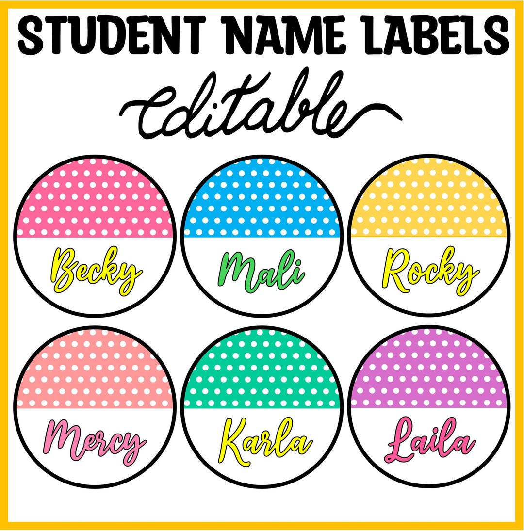 Back to School Round Polka Dots Student Name Labels, Editable KG Boho ...