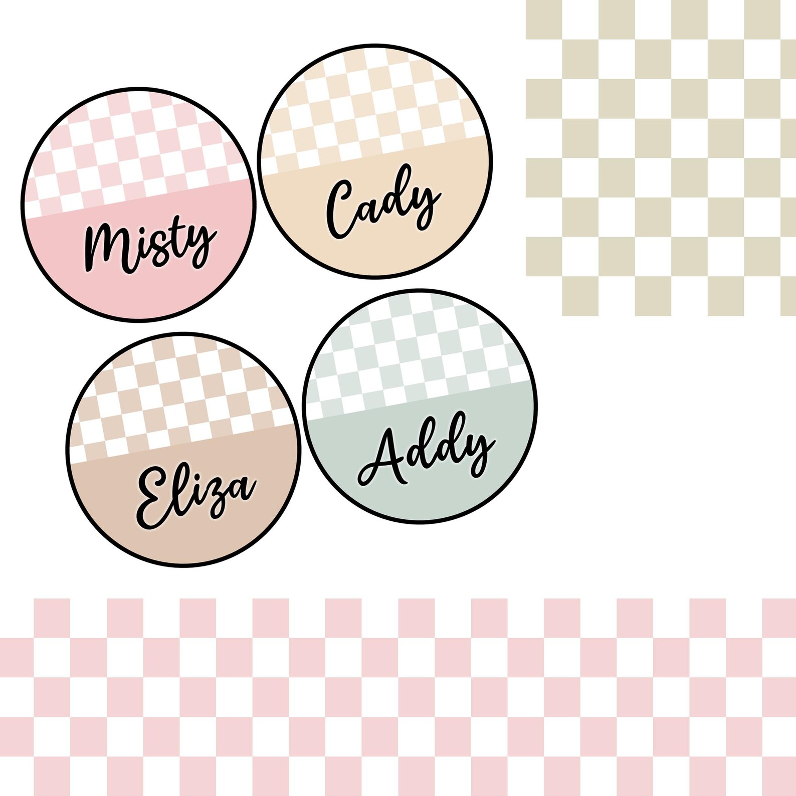 Printable Neutral Colors Round Checkered Student Name Labels, Checkered ...