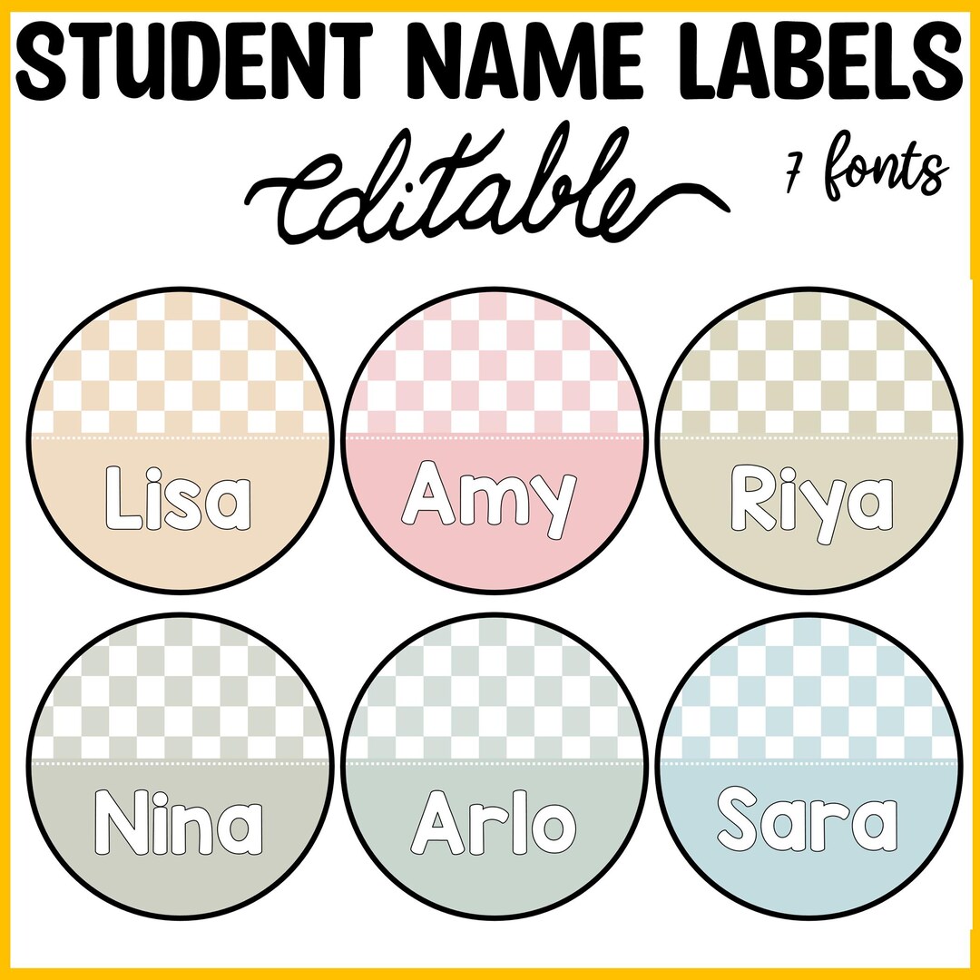 Printable Neutral Colors Round Checkered Student Name Labels, Checkered ...