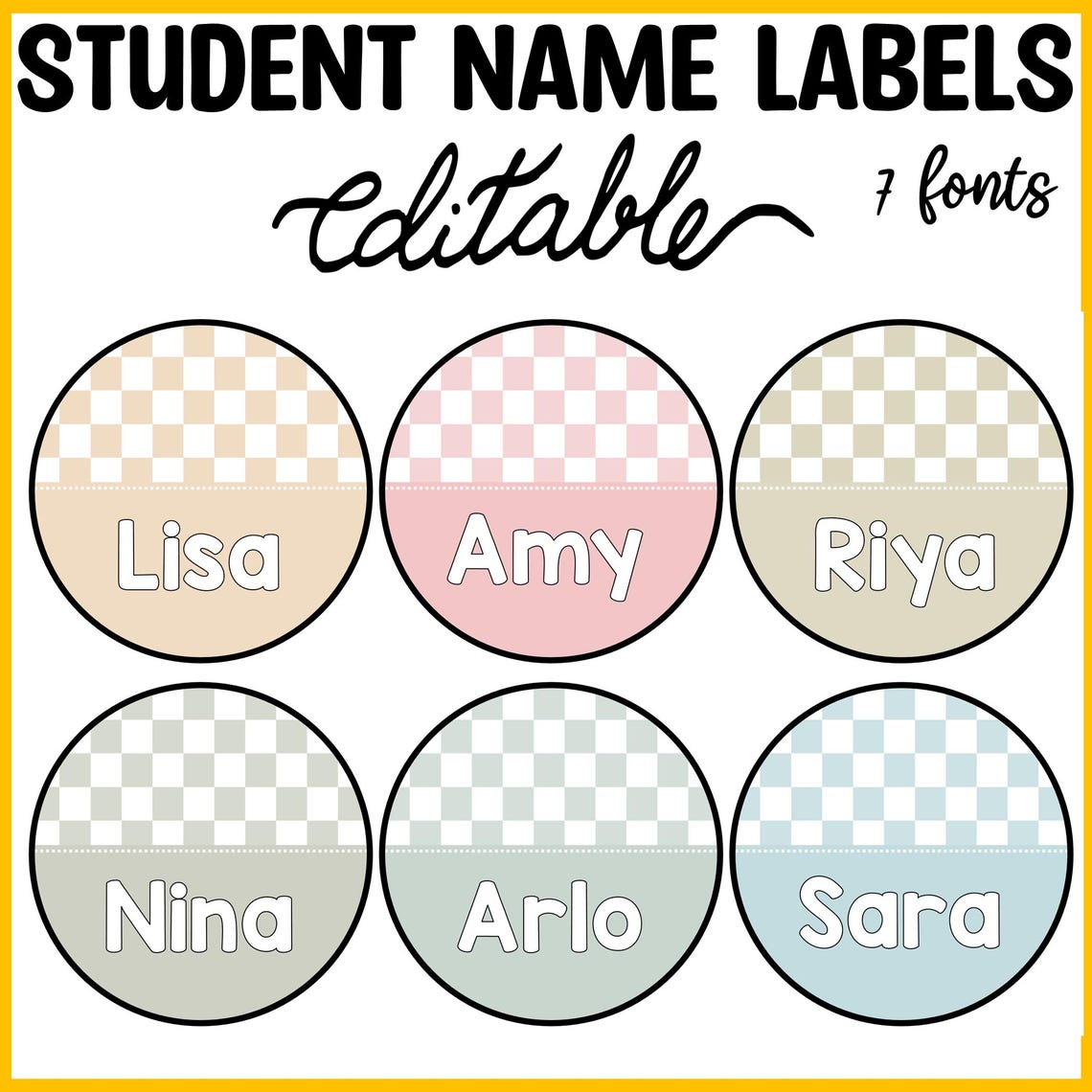 Printable Neutral Colors Round Checkered Student Name Labels, Checkered ...