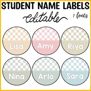 Printable Neutral Colors Round Checkered Student Name Labels, Checkered ...