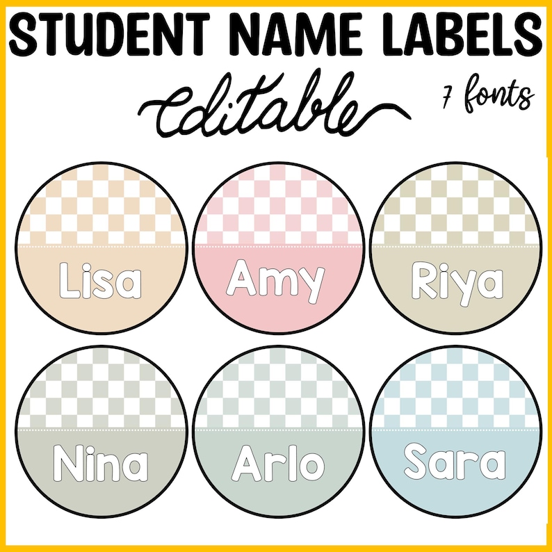 Printable Neutral Colors Round Checkered Student Name Labels, Checkered ...