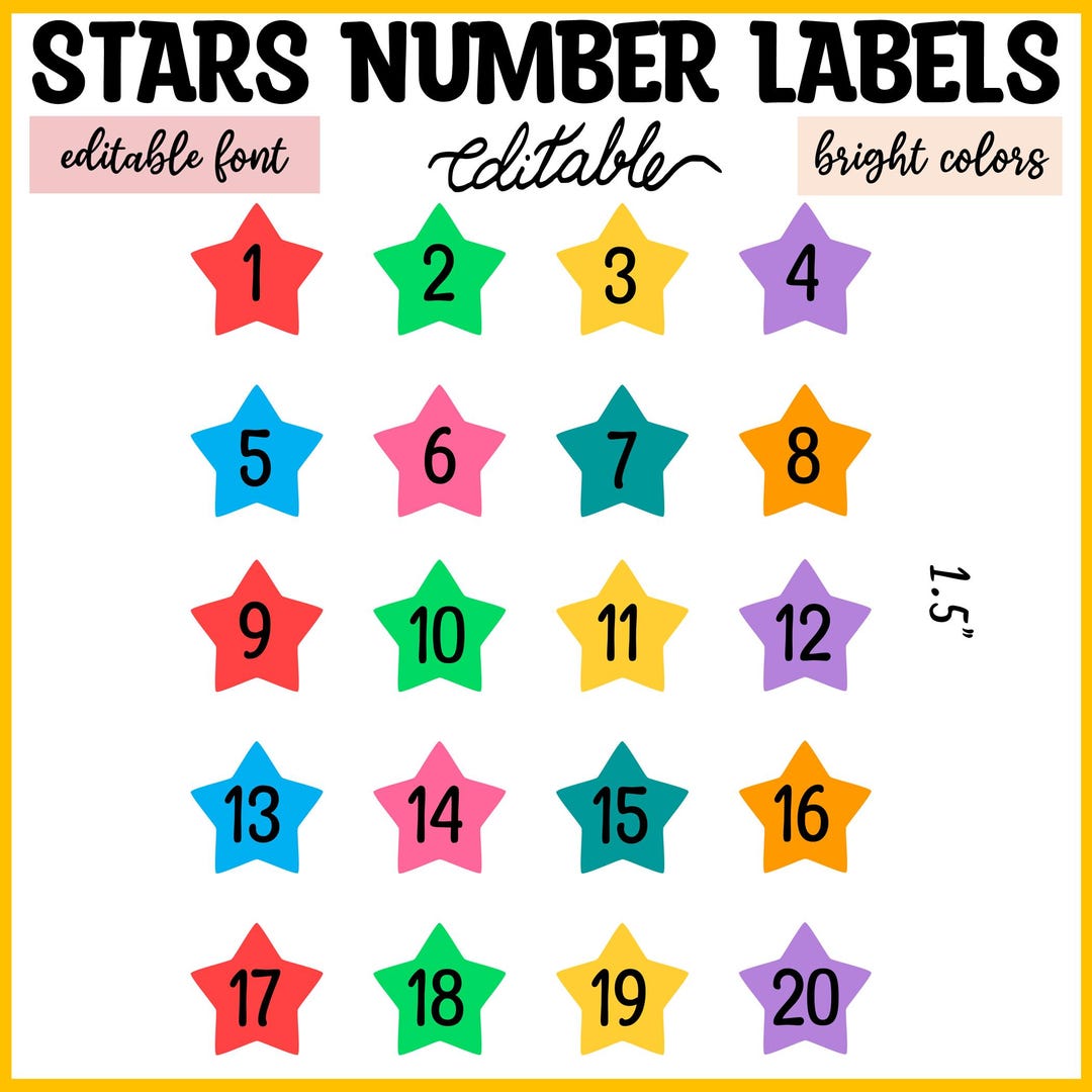 Back to School Small Colorful Star Number Labels, Editable Small Number ...