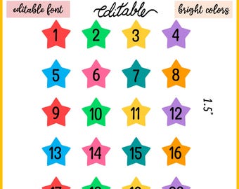Printable Boho Neutral Small Stars Number Labels, Colorful Small Number ...