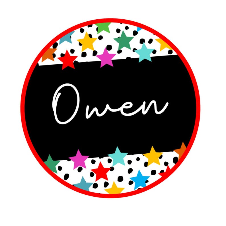 Printable Black and Bright Spotty Stars Student Name Labels, Circle ...