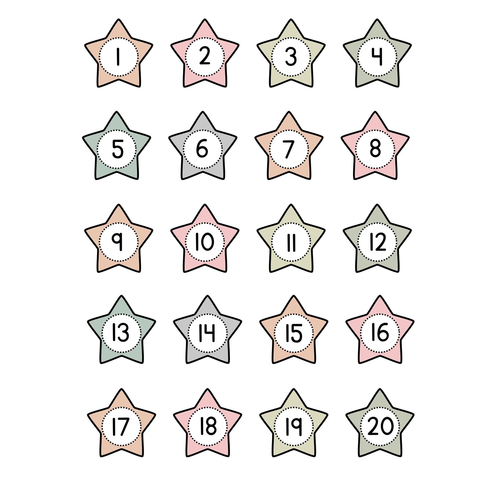 Printable Boho Neutral Small Stars Number Labels, Colorful Small Number ...