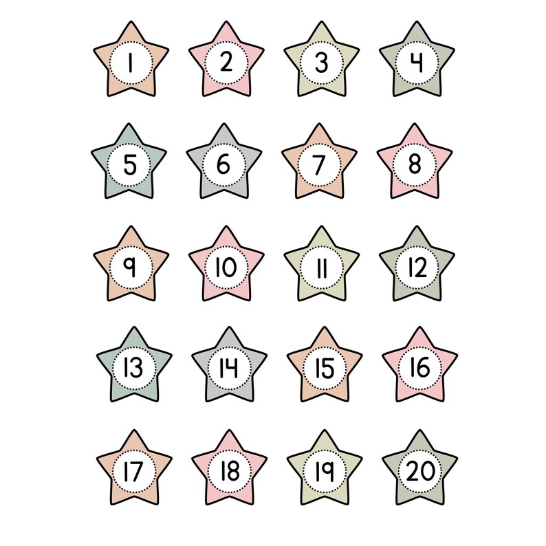 Printable Boho Neutral Small Stars Number Labels, Colorful Small Number ...