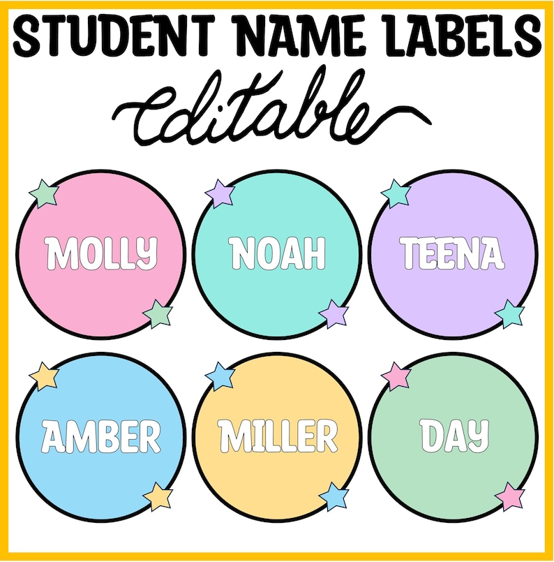 Printable Stars Student Name Labels. Bright and Colorful Round Name ...