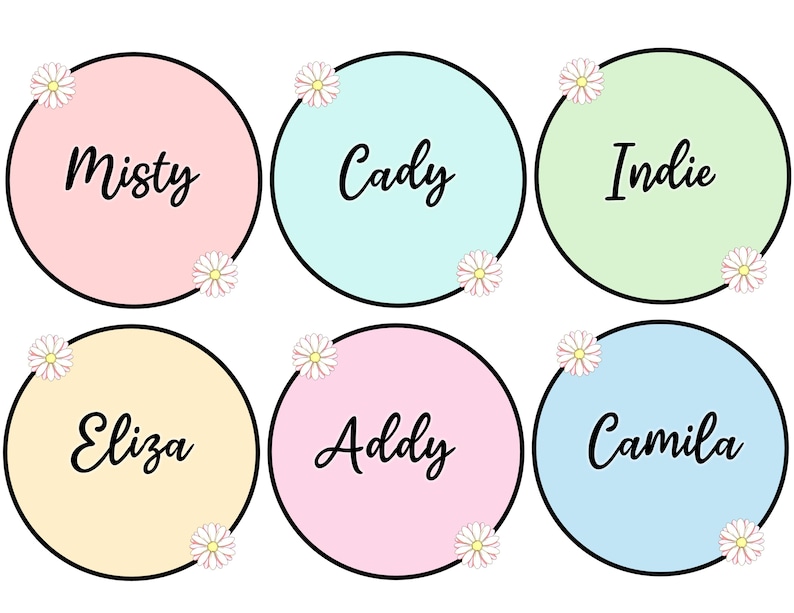 Pastel Daisy Student Name Labels, Spring Floral Name Cards, Round Name ...