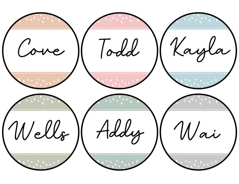Printable Boho Neutral Spotty Round Student Name Labels, Circle Name ...