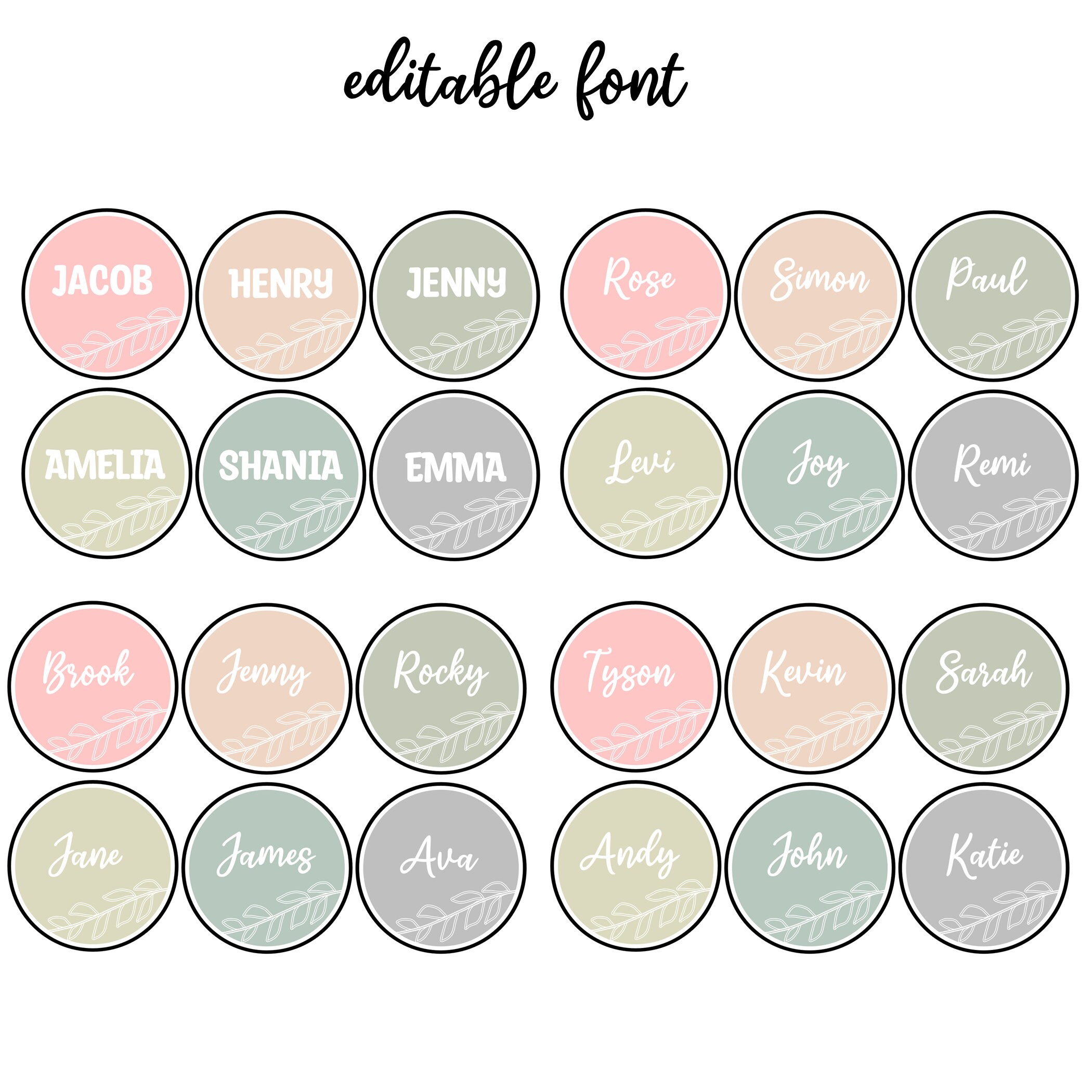 Printable Botanical Student Name Labels, Round Boho Neutral Name Cards ...