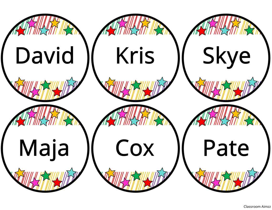 Printable Bright Stars Round Student Name Labels, Colorful Classroom ...