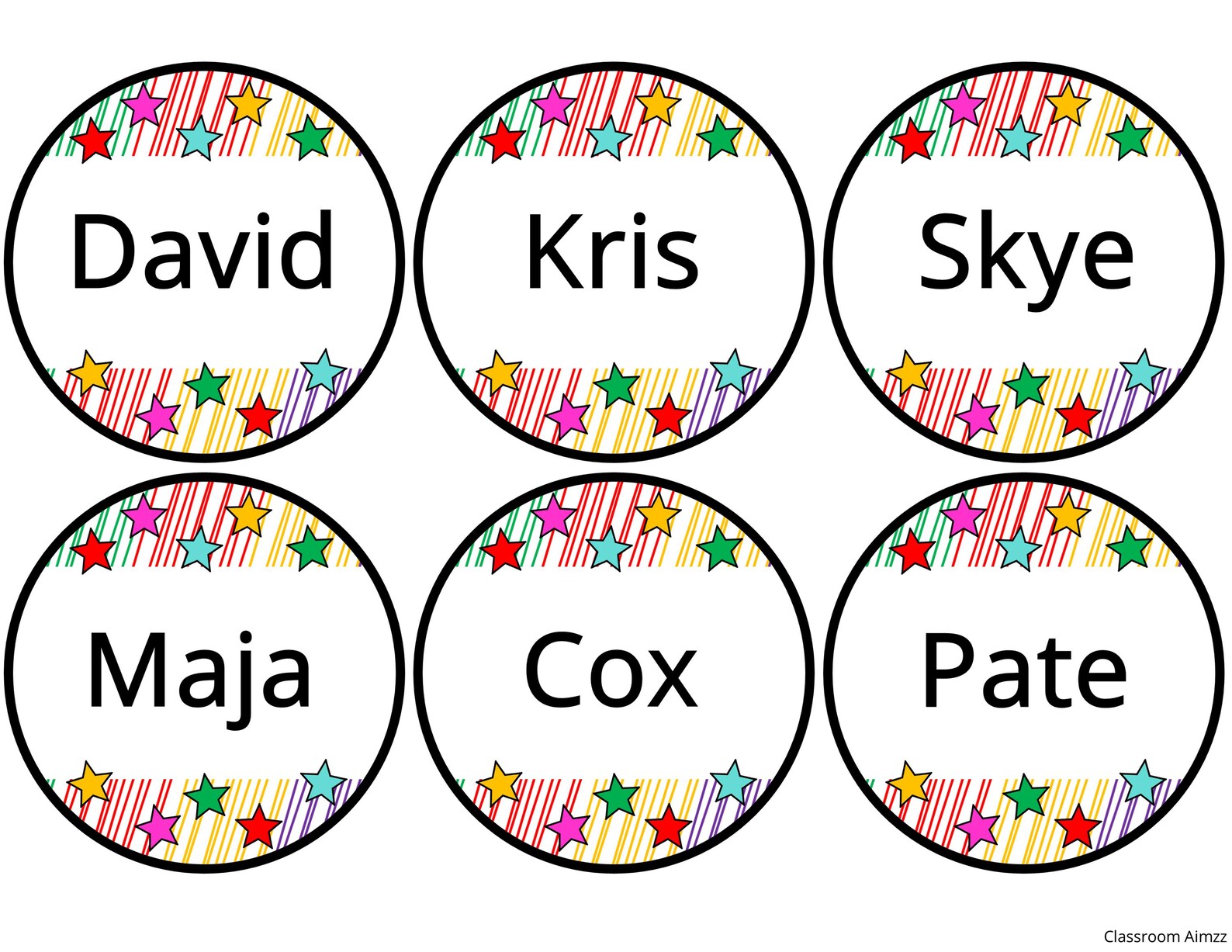 Printable Bright Stars Round Student Name Labels, Colorful Classroom ...