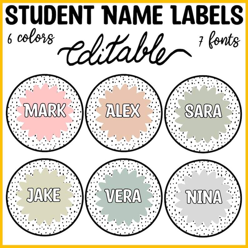 Printable Boho Neutral Spotty Student Name Labels, Circle Tags, Bin ...