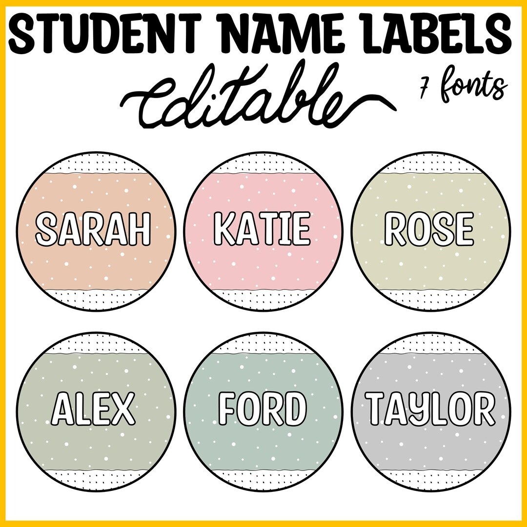 Printable Boho Neutral Dotty Student Name Labels, Editable Round Name ...