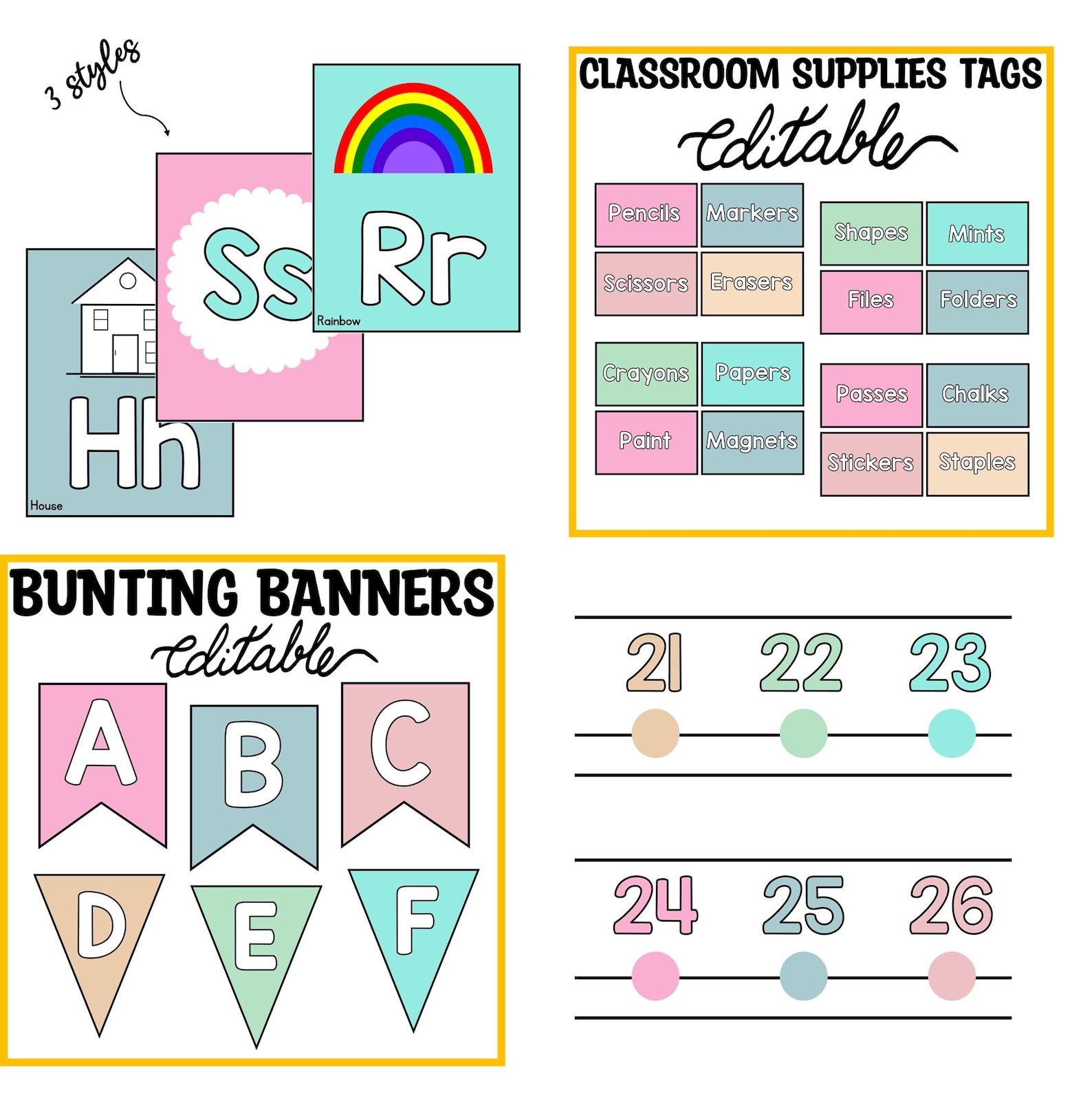 Printable Minimalist Colorful Classroom Decor Bundle Pack, Editable ...