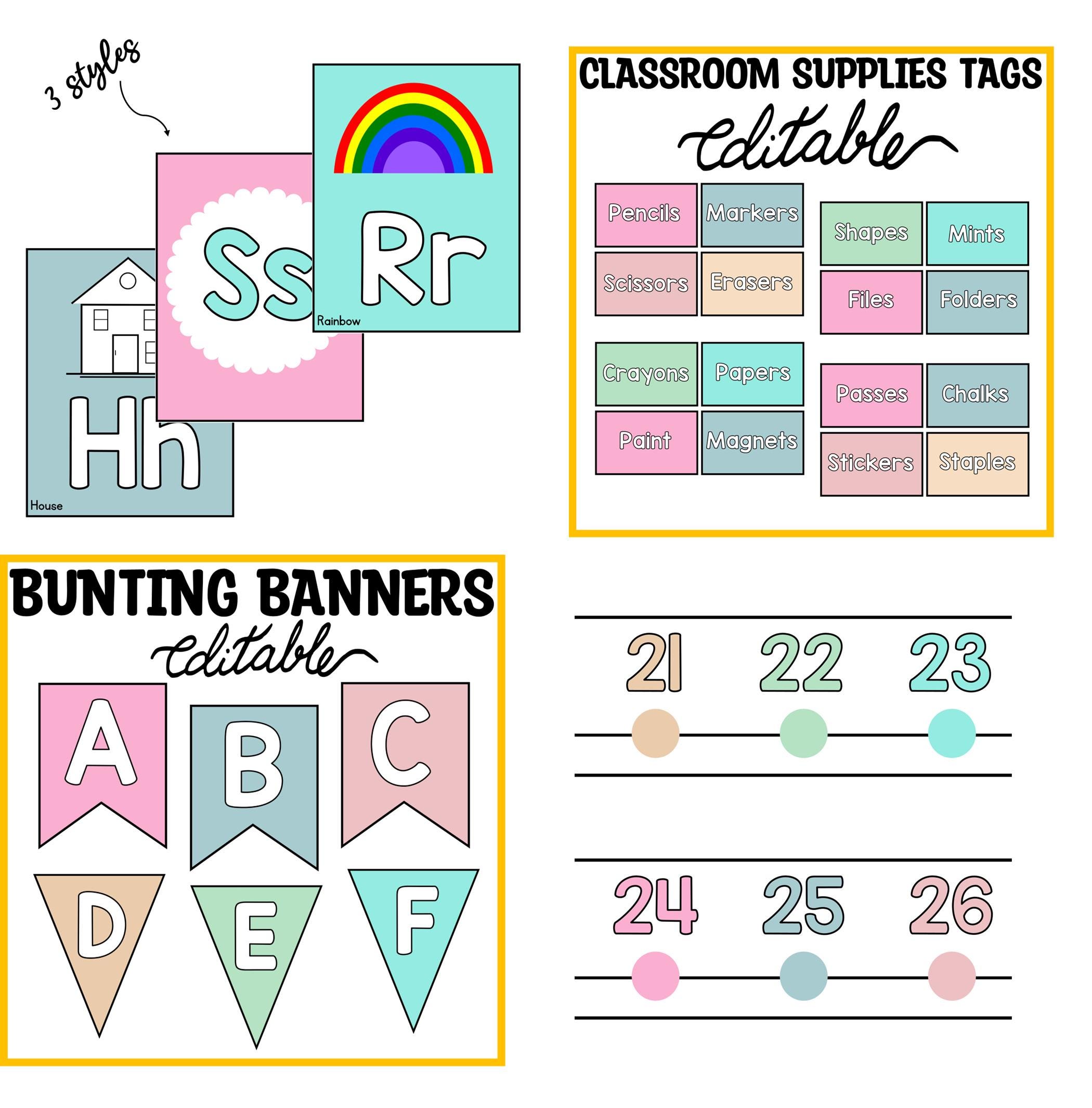 Printable Minimalist Colorful Classroom Decor Bundle Pack, Editable ...