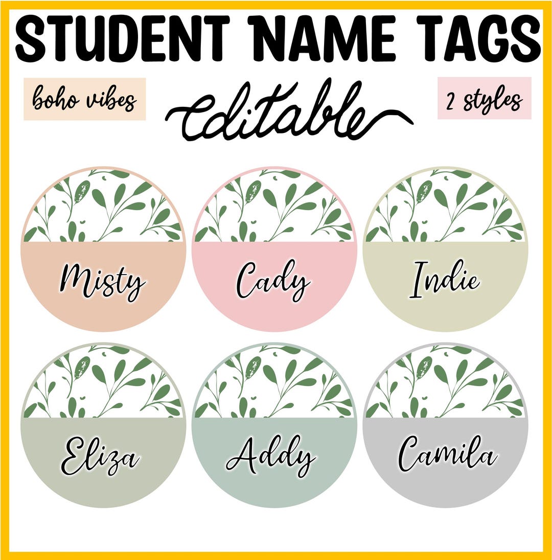 Printable Botanical Student Name Labels, Boho Neutral Student Name ...