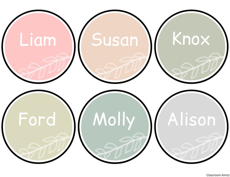 Printable Botanical Student Name Labels, Round Boho Neutral Name Cards ...