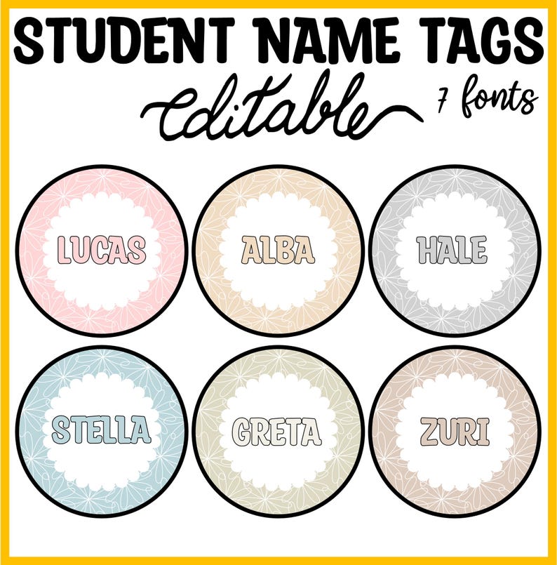 Printable Floral Name Labels, Circle Boho Student Name Plates, Name ...