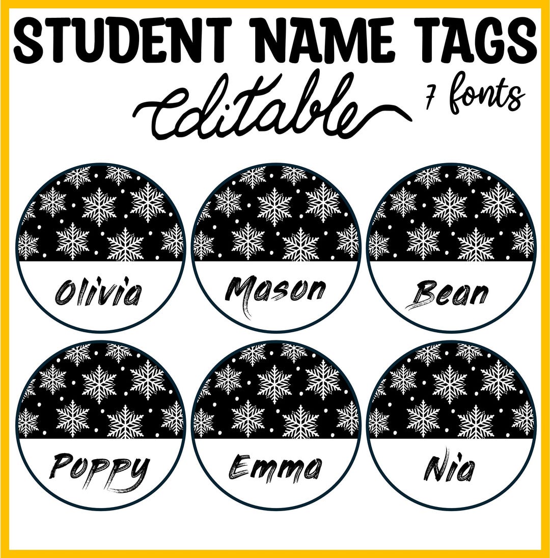 Black and White Winter Student Name Tags, Snowflakes Name Labels, Snow ...
