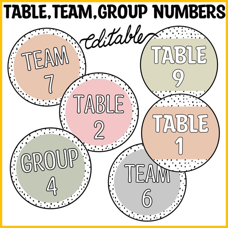 Editable Boho Neutral Spotty Table, Team and Group Labels, Table ...