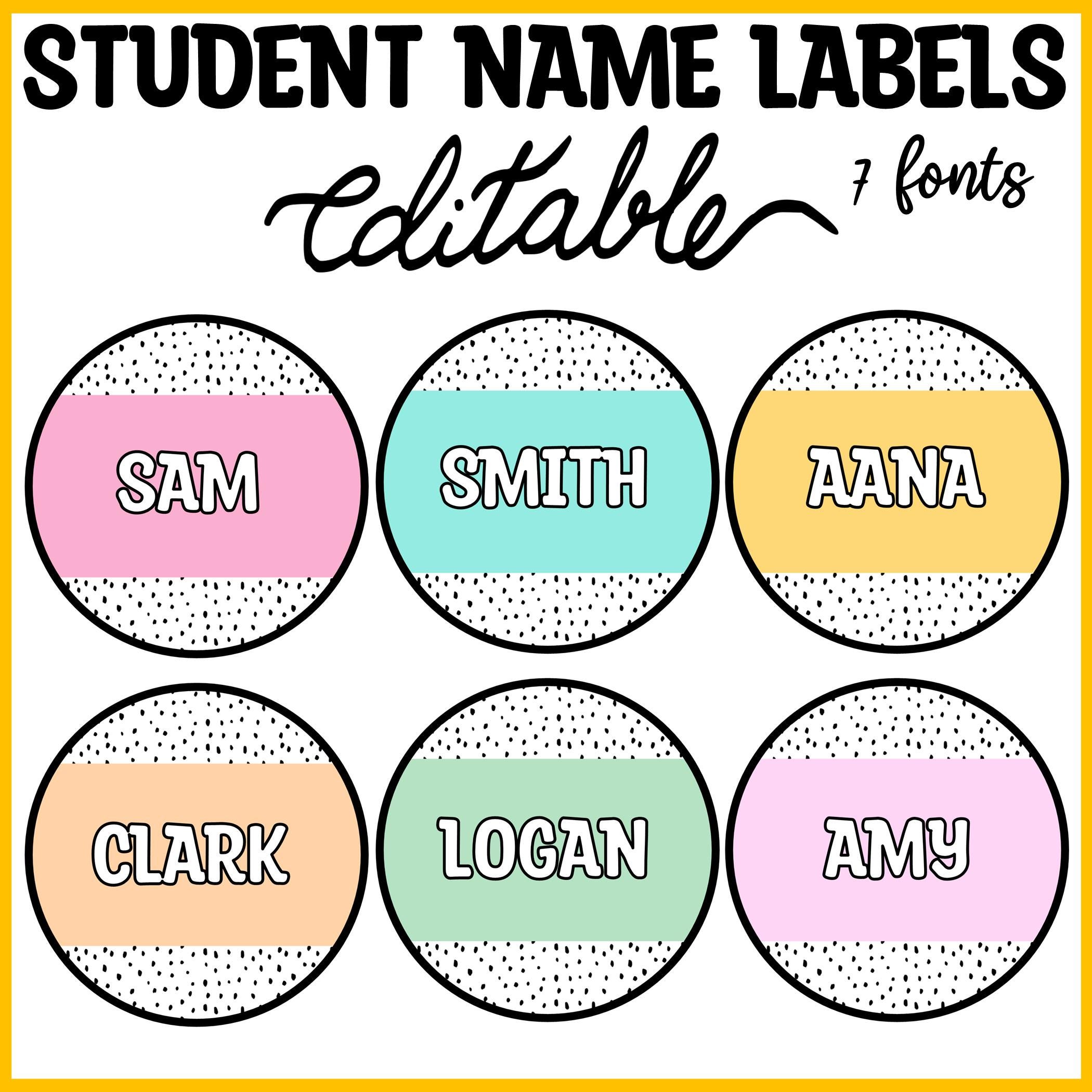 Printable Bright Spotty Student Name Labels, Editable Round Student ...
