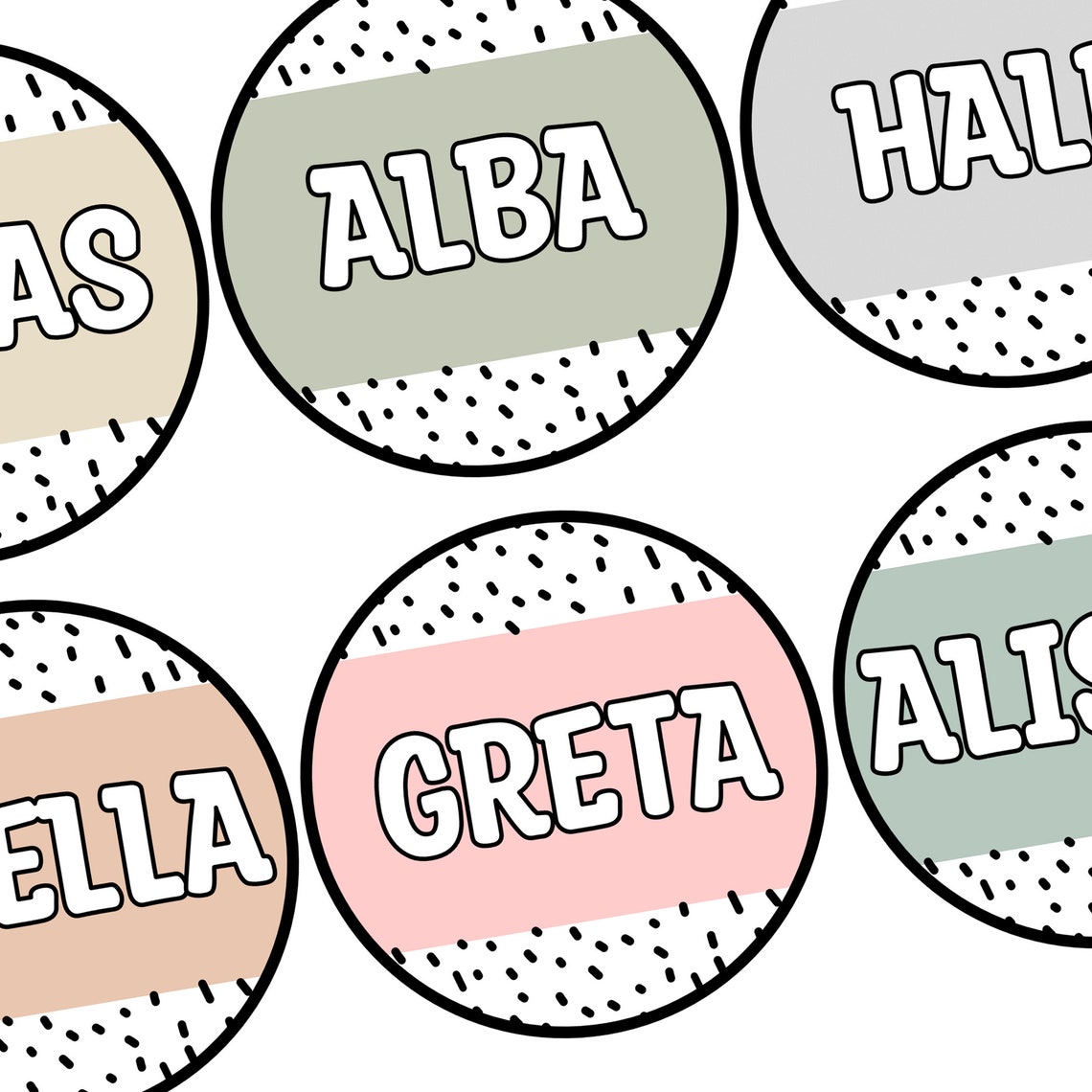 Printable Round Boho Spotty Name Tags, Circular Name Tags, Cubby Labels ...