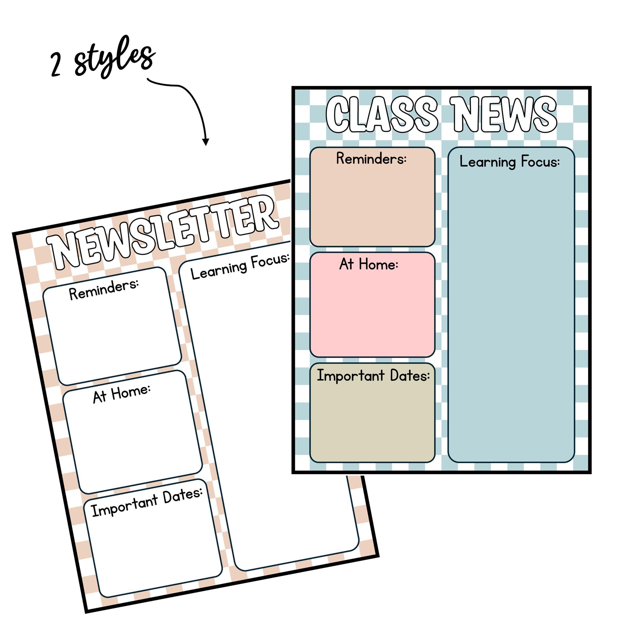 Back to School Classroom Newsletter Templates, Editable Checkered Class ...