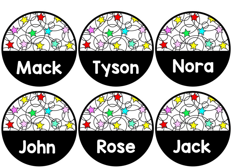 Printable Black and Bright Star Student Name Tags, Round Name Plates ...
