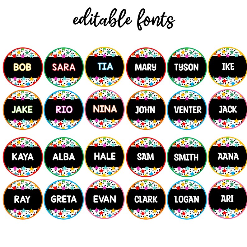 Printable Black and Bright Spotty Stars Student Name Labels, Circle ...