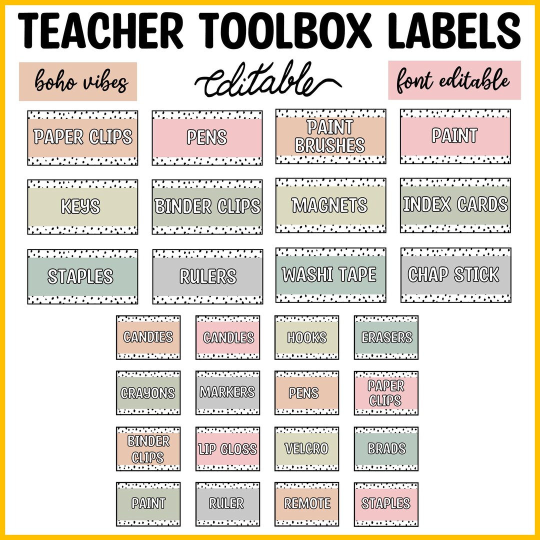 Back to School Printable Spotty Teacher Toolbox Labels, Boho Neutral ...