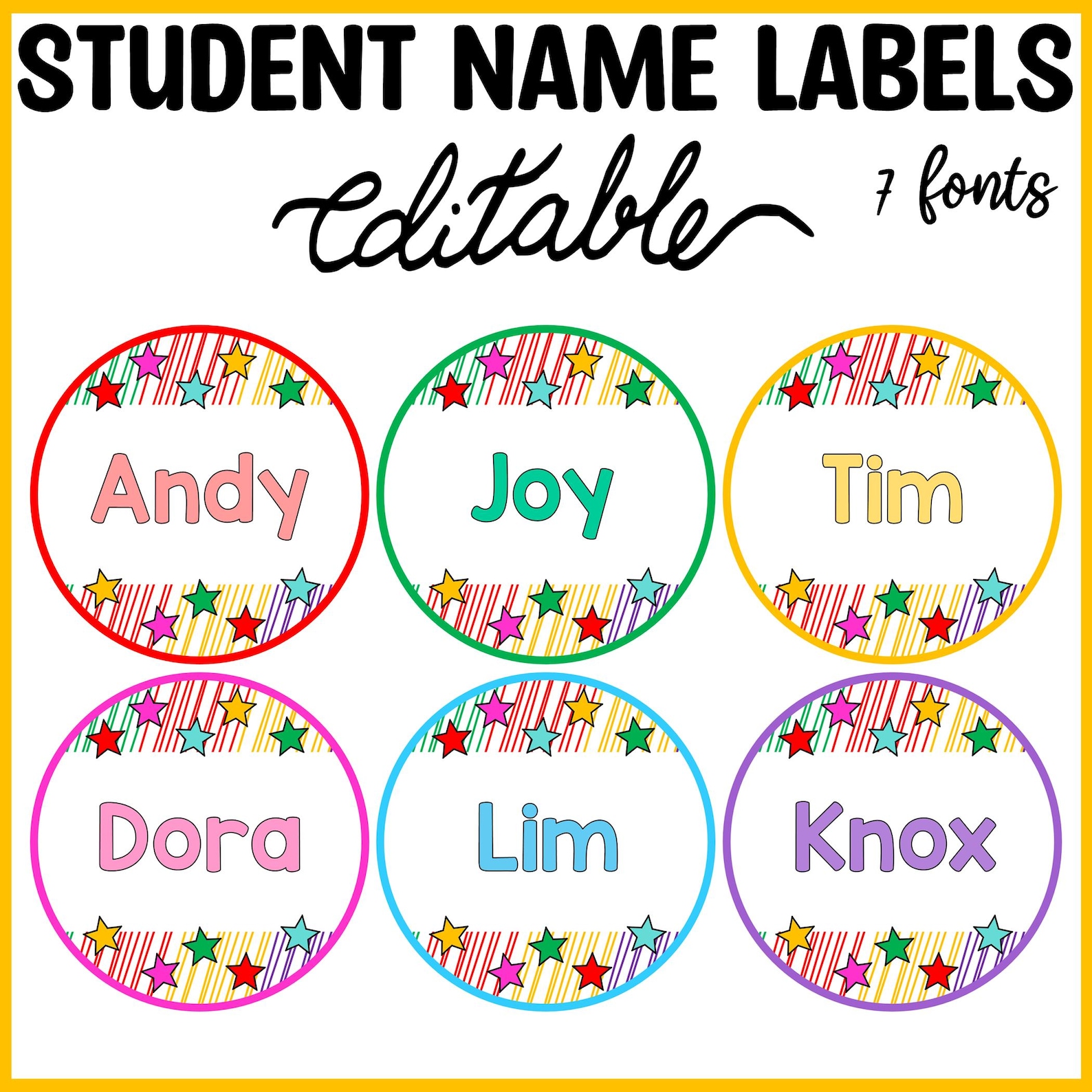 Printable Bright Stars Round Student Name Labels, Colorful Classroom ...