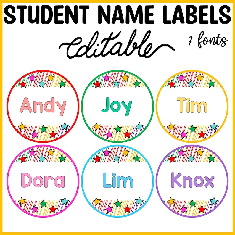 Printable Bright Stars Round Student Name Labels, Colorful Classroom ...